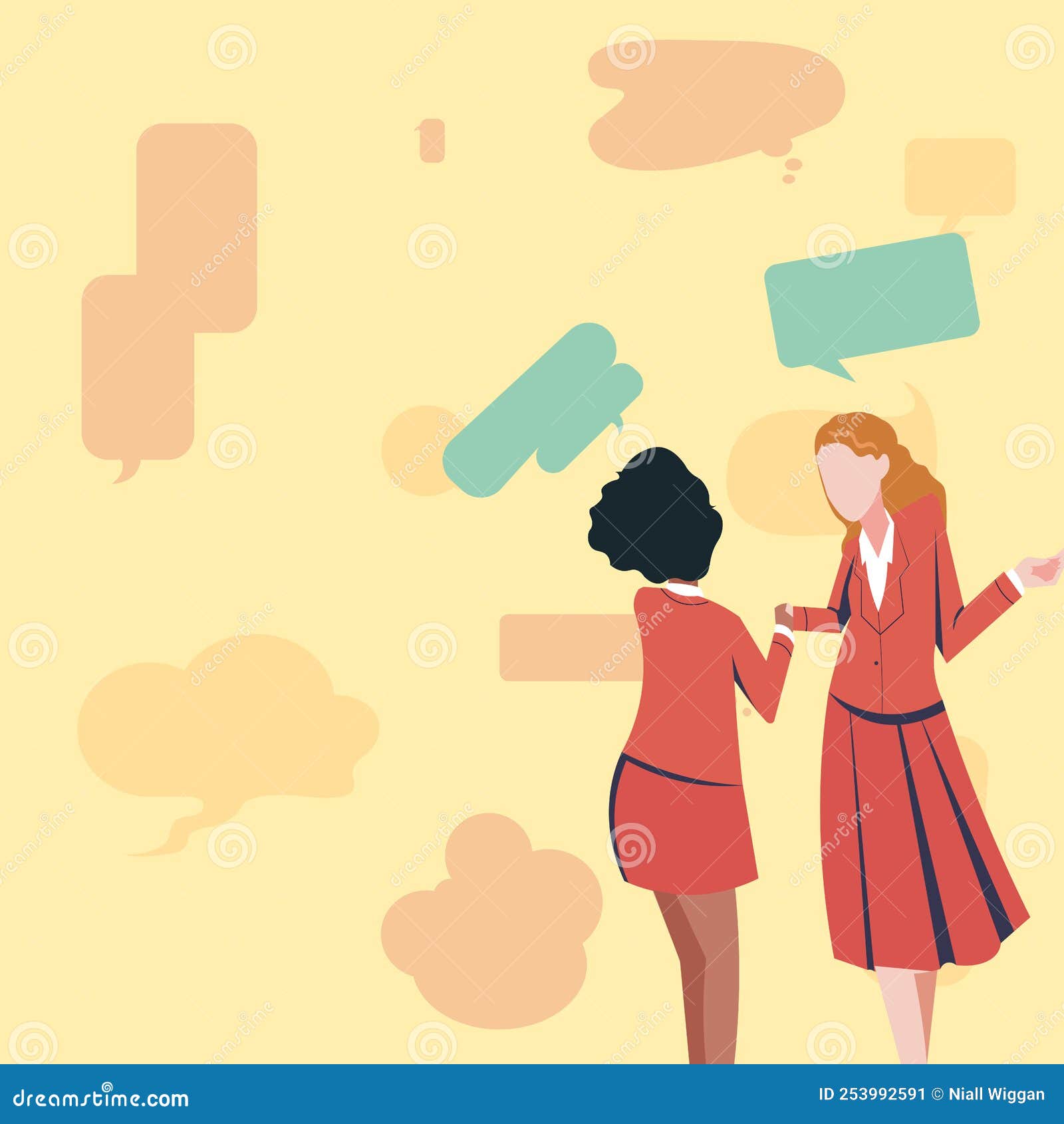 Two Colleagues Standing Sharing Thoughts Together with Speech Bubbles ...