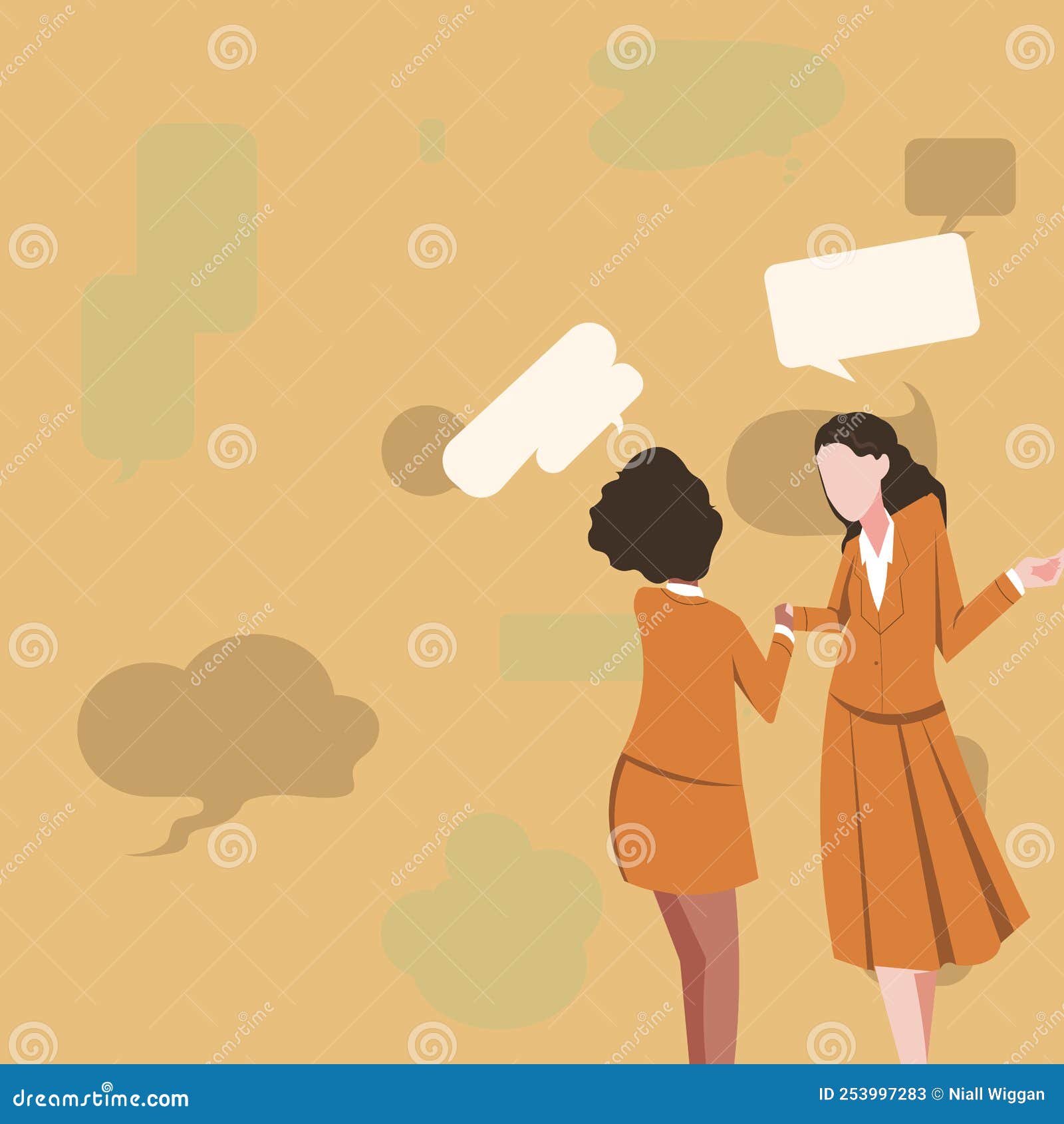 Two Colleagues Standing Sharing Thoughts Together with Speech Bubbles ...