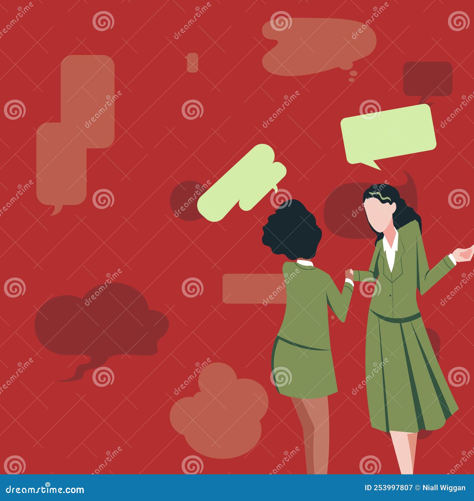 Two Colleagues Standing Sharing Thoughts Together with Speech Bubbles ...