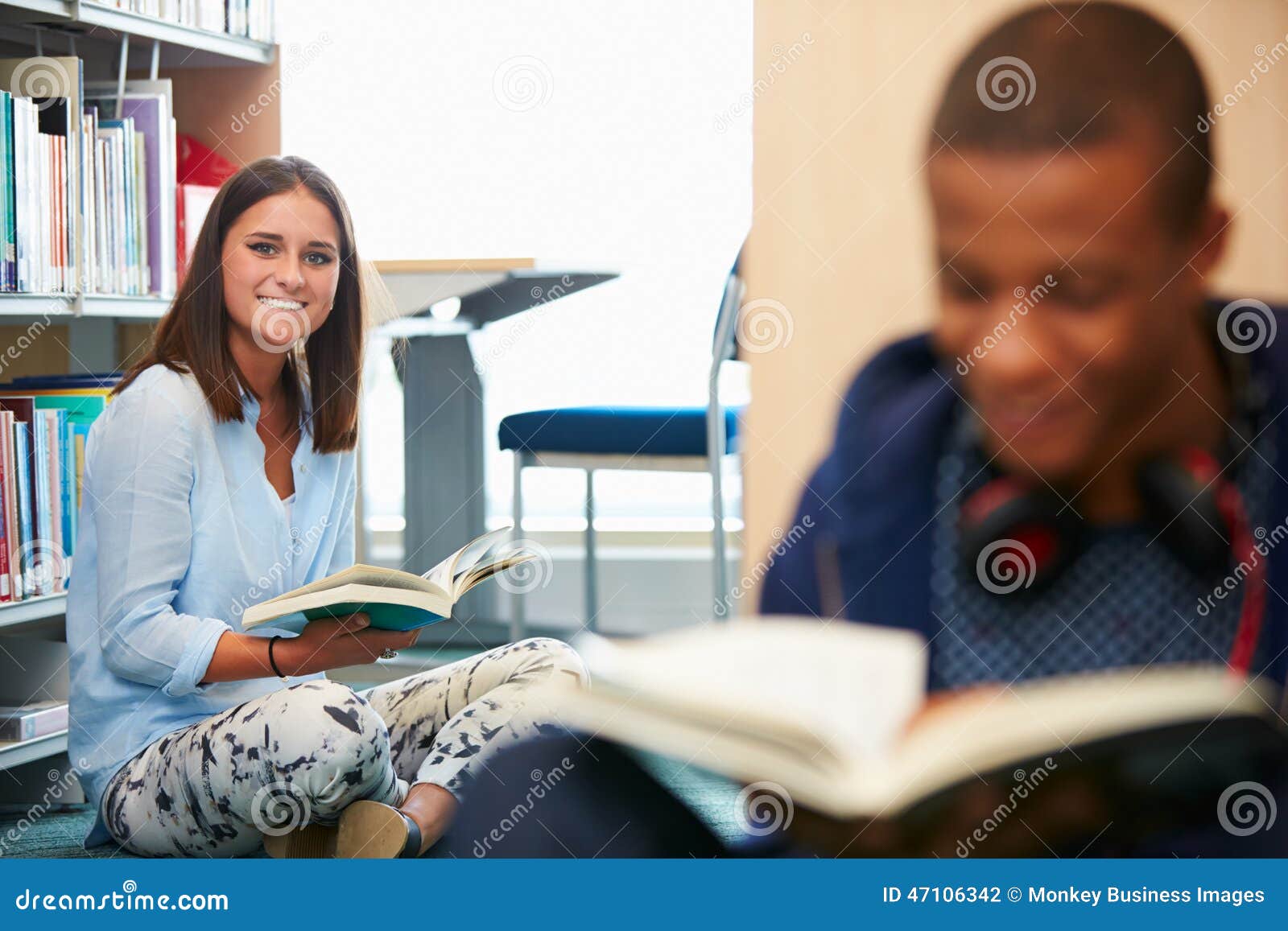 Two College Students Studying in Library Stock Photo - Image of girl ...