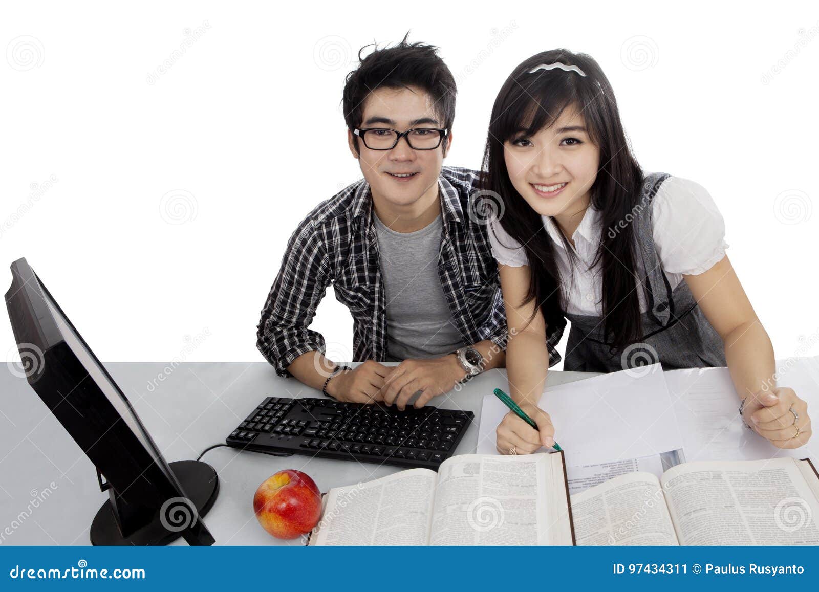 Two College Students Studying Together on Studio Stock Image - Image of ...