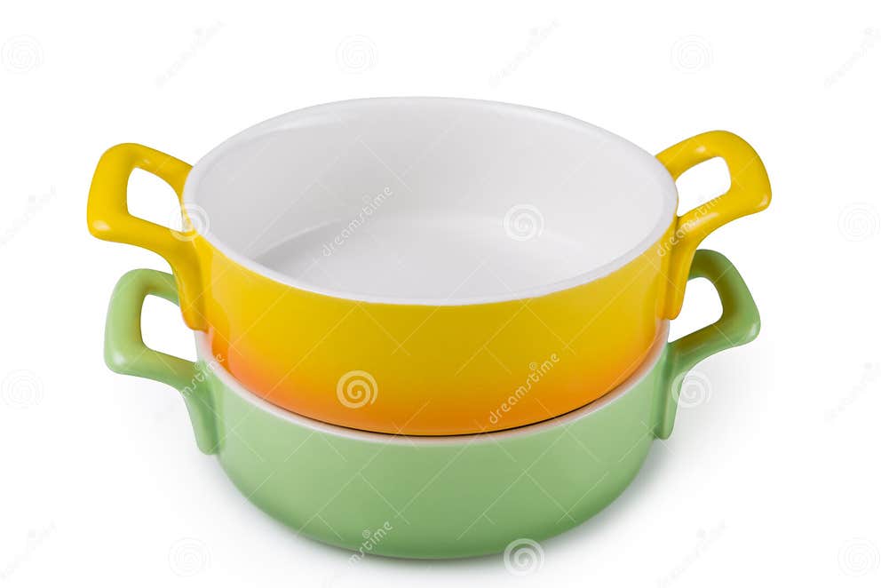 Two Colored Ceramic Pans Stacked on a White Background, Isolate ...