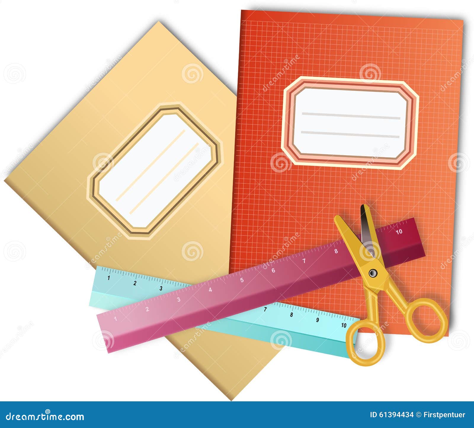 Two Colored School Notebooks with Scissors and Rulers Stock ...