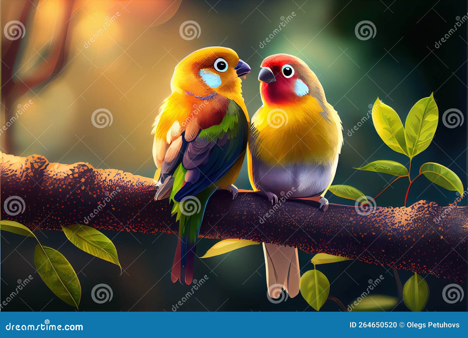 Two Colorful Birds Sitting on a Branch of a Tree Together Stock ...