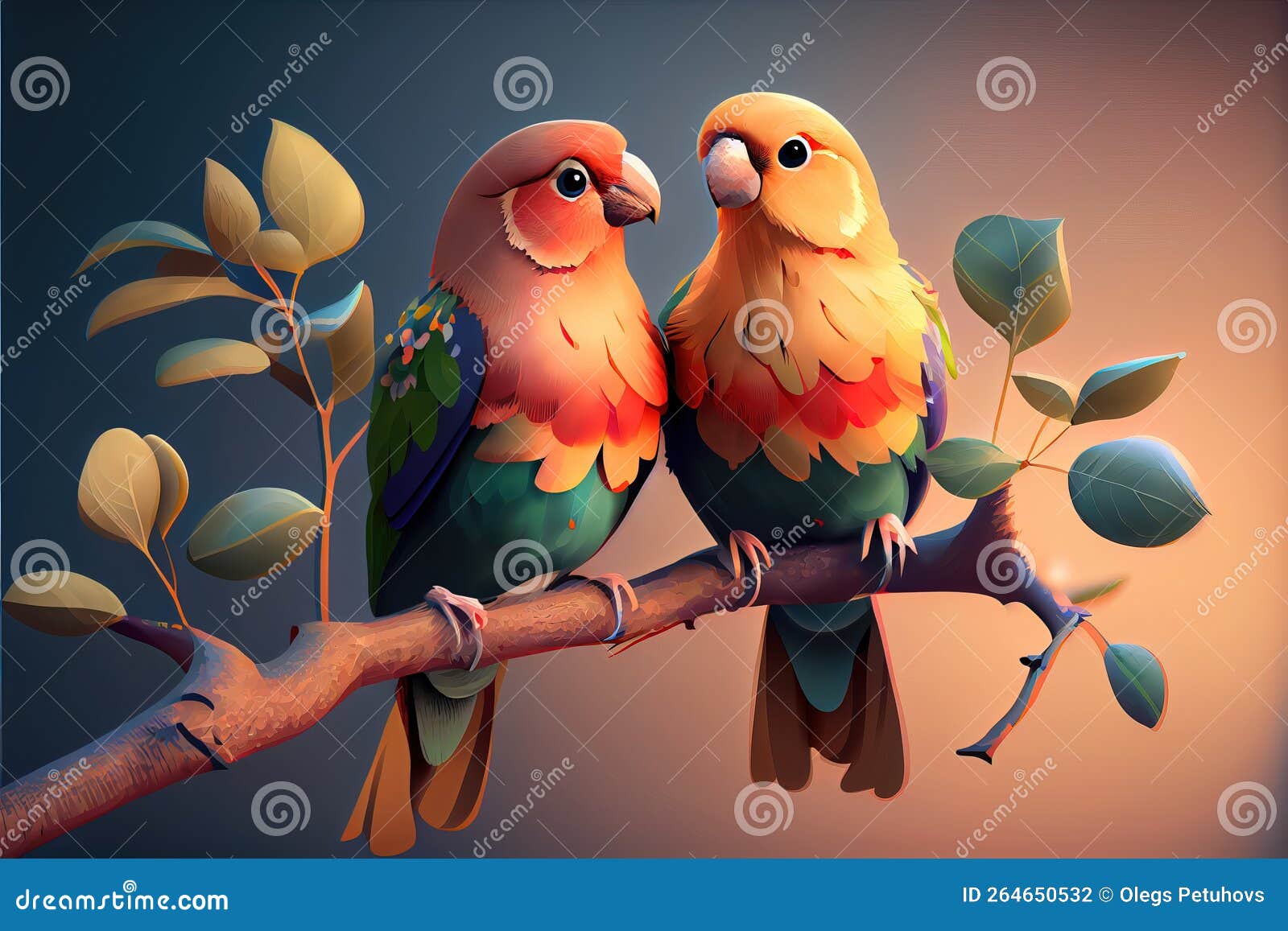 Two Colorful Birds Sitting on a Branch of a Tree Together Stock ...