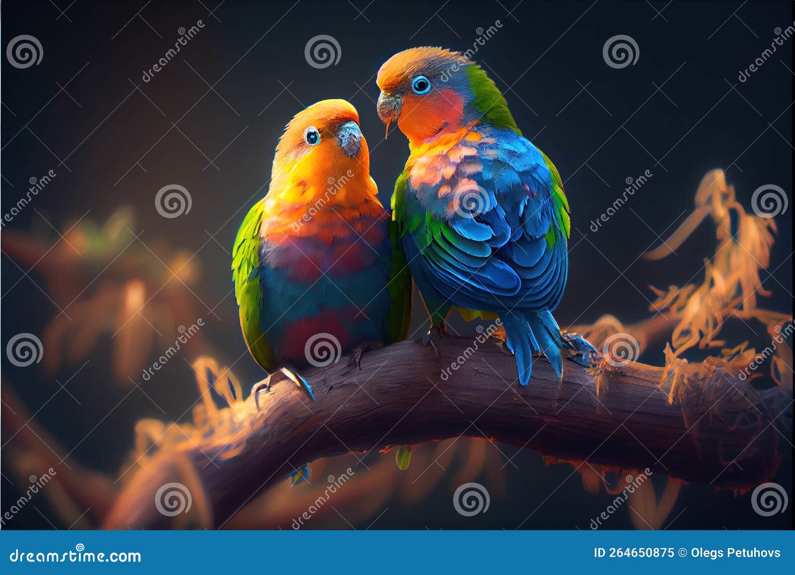 Two Colorful Birds Sitting on a Branch of a Tree Together Stock ...