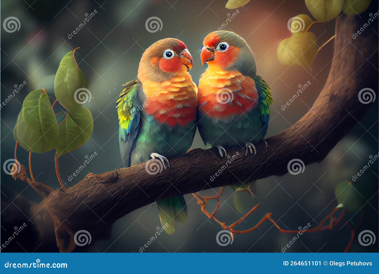 Two Colorful Birds Sitting on a Branch of a Tree Together Stock ...