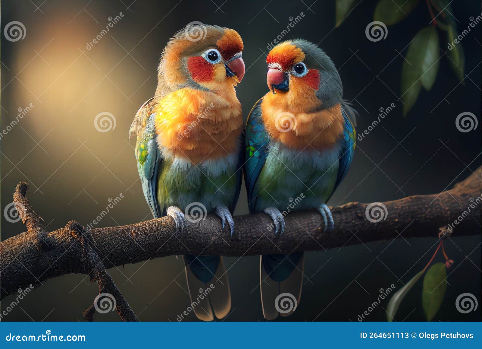 Two Colorful Birds Sitting on a Branch of a Tree Together Stock ...