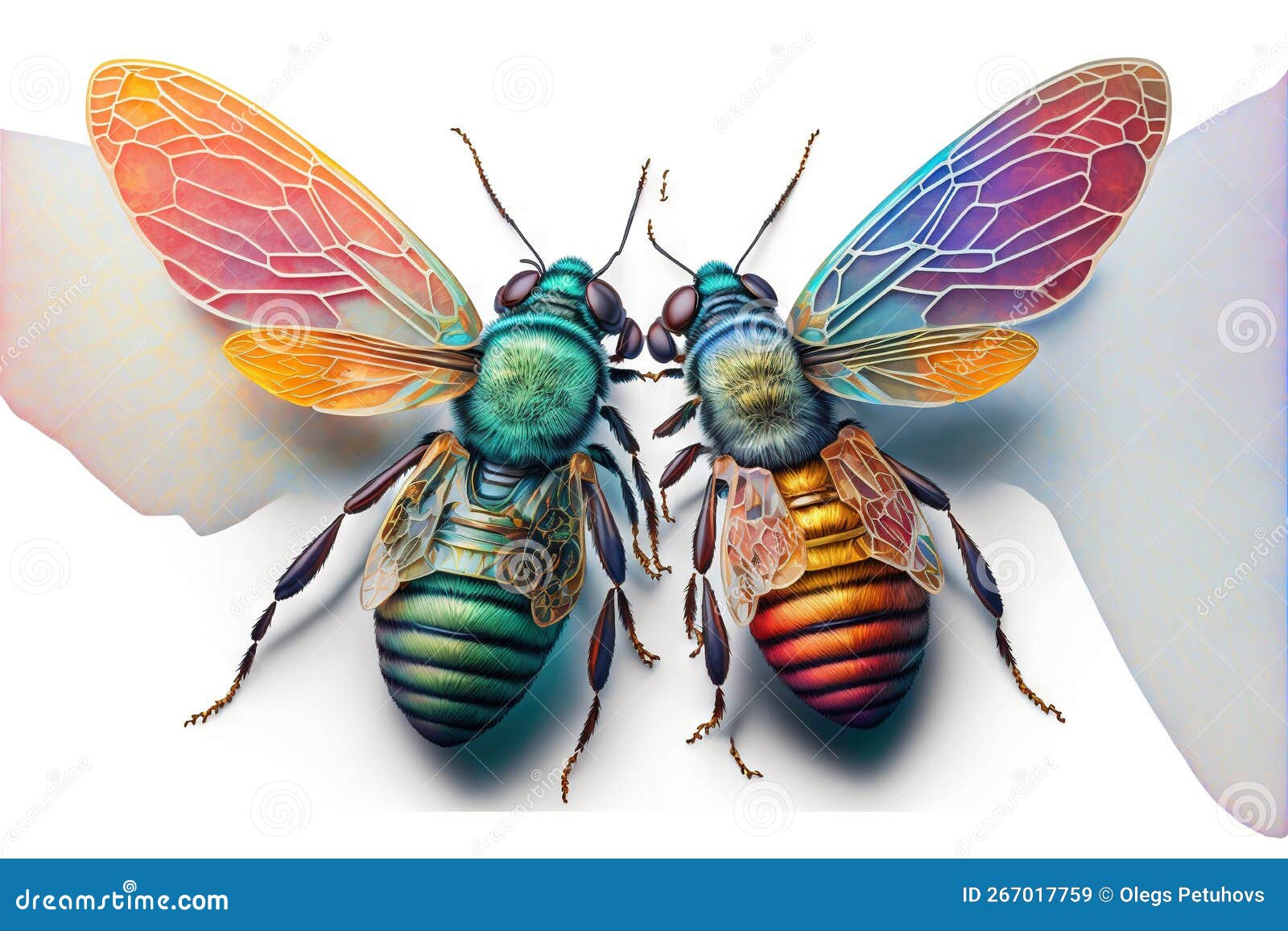 Two Colorful Bugs Sitting on Top of Each Other on a White Surface with ...
