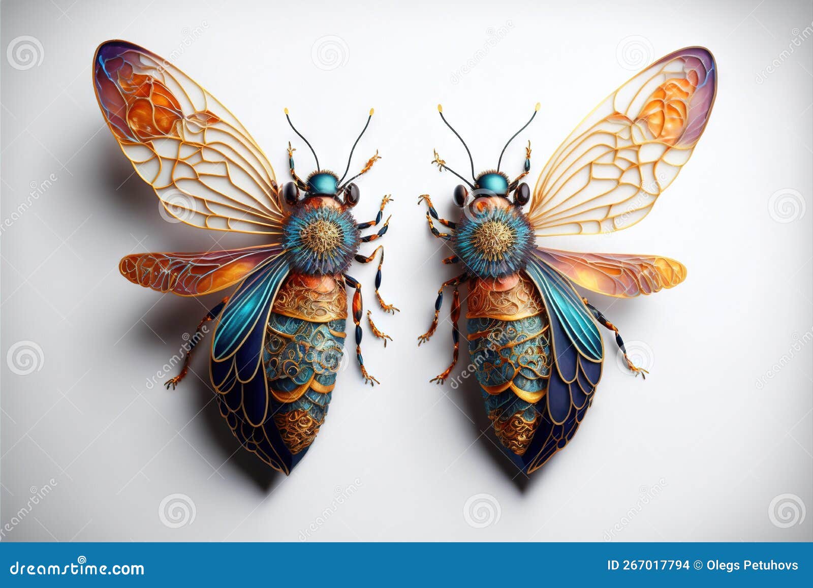 Two Colorful Bugs are Sitting on a White Surface Together, One is Blue ...