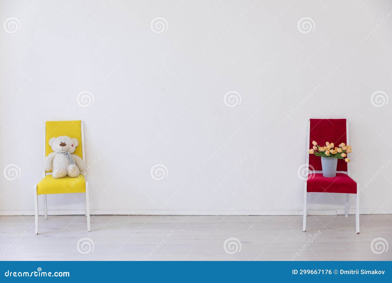 Two Colorful Chairs in the Interior of a White Empty Room Stock Photo ...