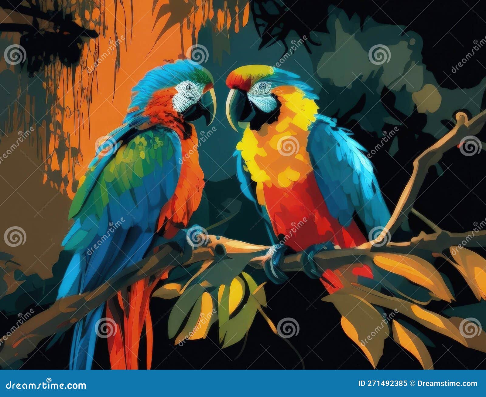 Two Colorful Macaws Squawking and Chattering in the Treetops Cute ...
