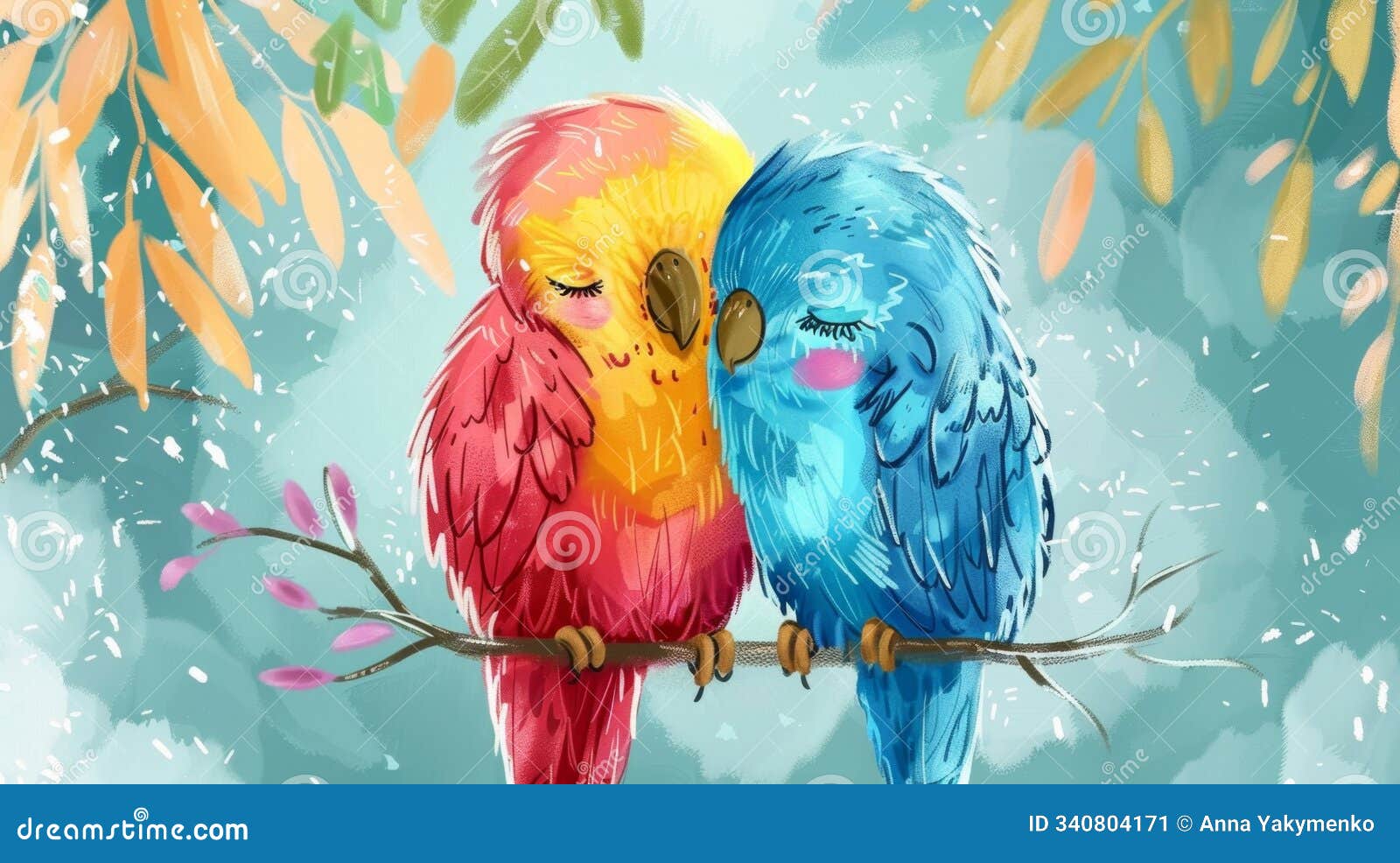 Two Colorful Parrots Cuddling on a Branch Stock Illustration ...
