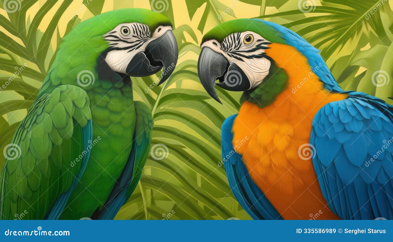 Two Colorful Parrots are Standing Next To Each Other in a Tropical ...