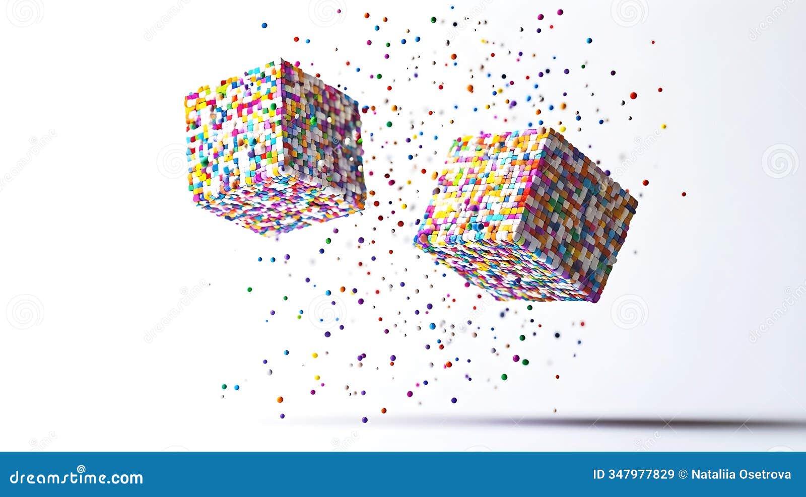 Two Colorful Pixelated Cubes Disintegrating into Vibrant Particles on a ...