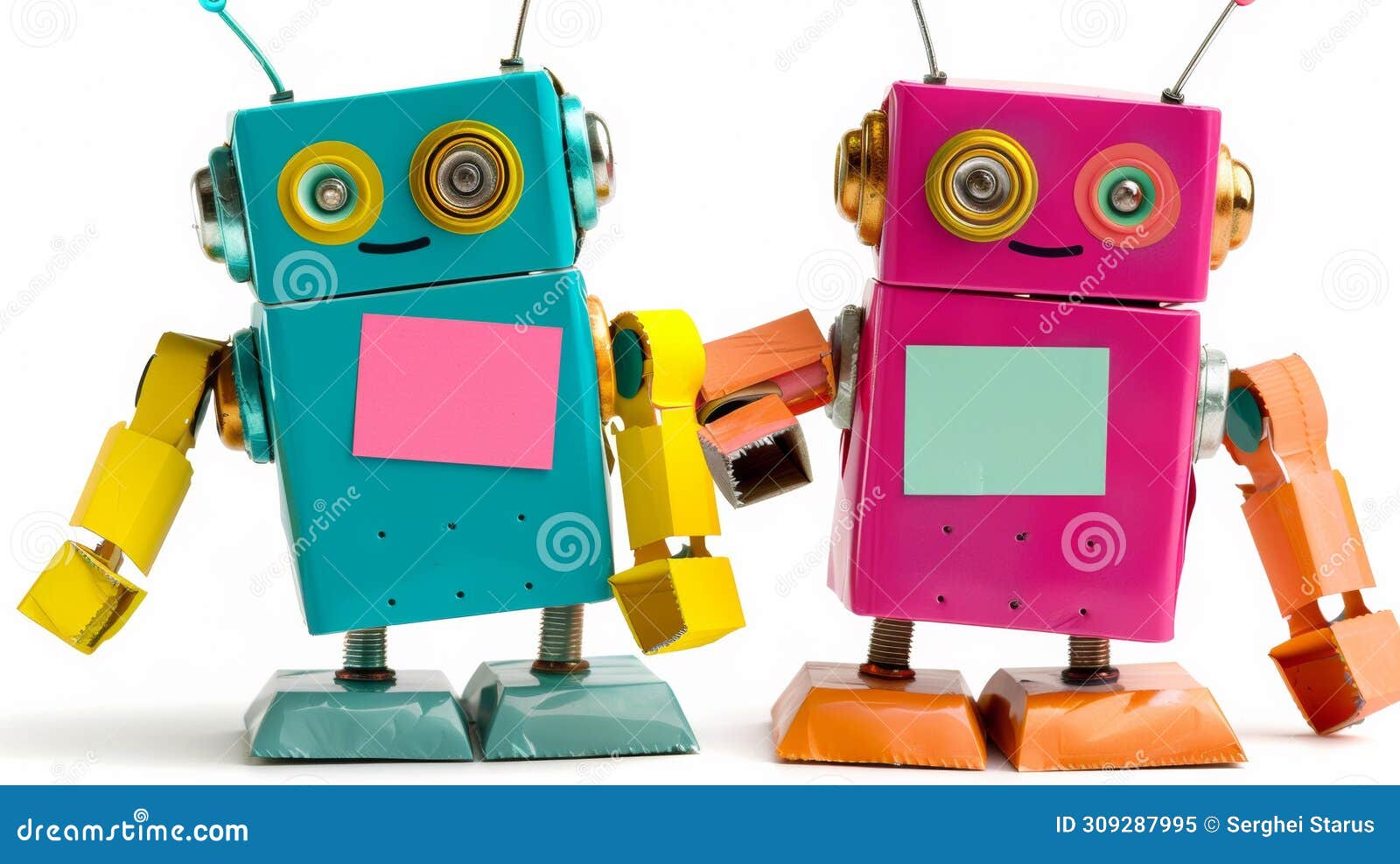 Two Colorful Robots with Sticky Notes Attached To Their Backs, AI Stock ...