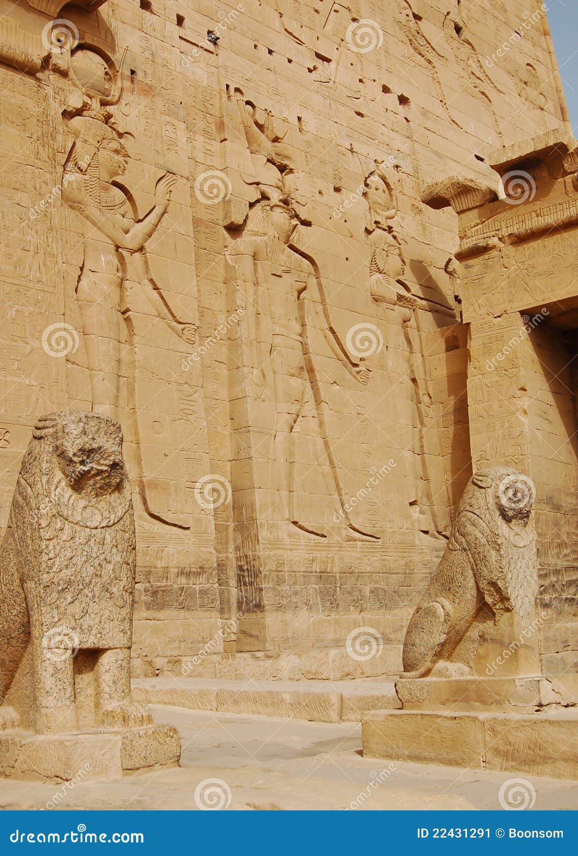Two Colossal Lions in Philae Temple, Egypt Stock Image - Image of ...
