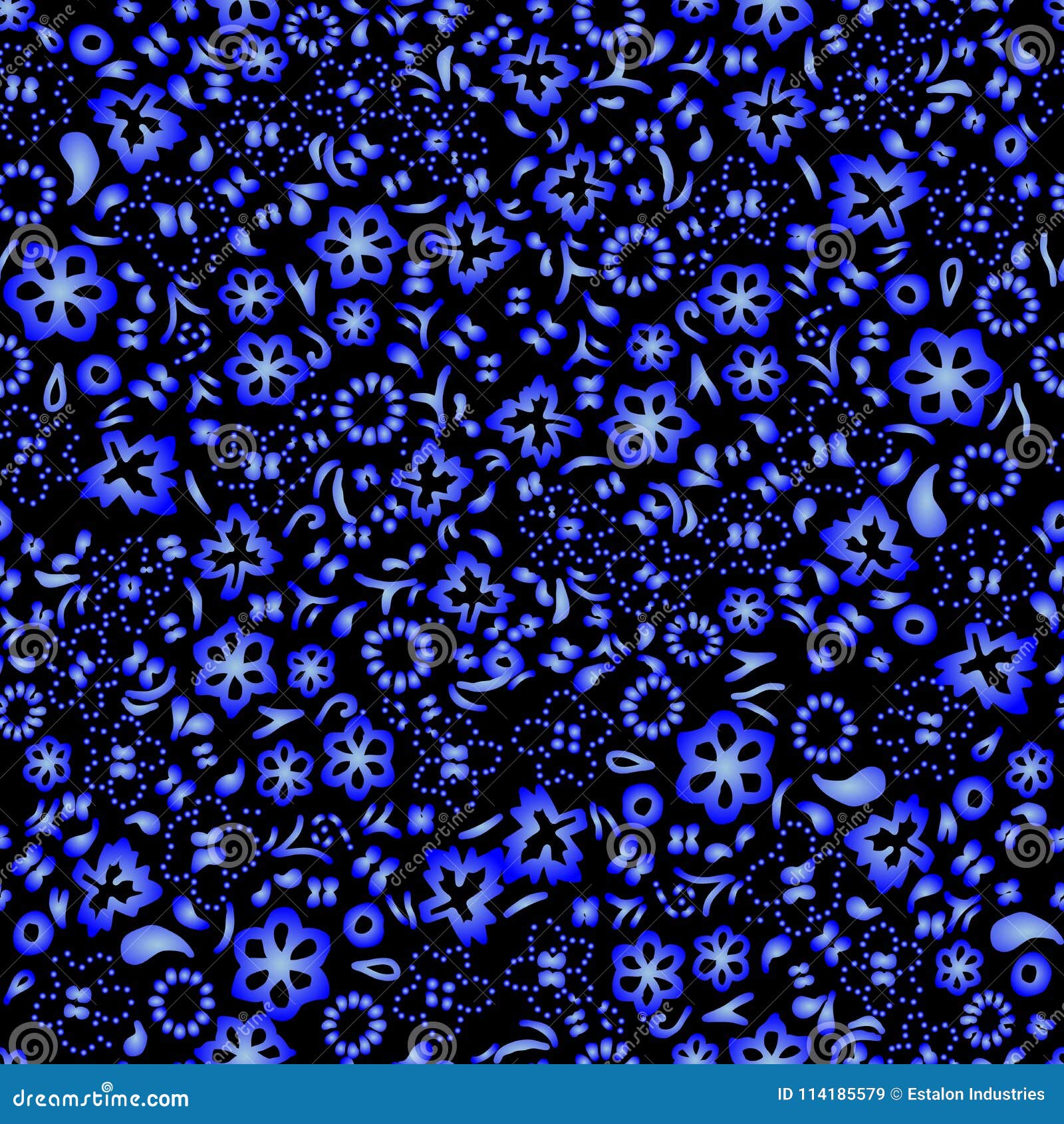 Blue Gradient on Black Hand Drawn Random Flower and Leaf Seamless ...