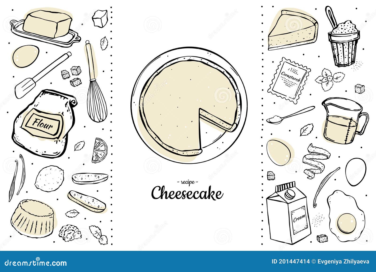 Two Colour Set Cheesecake and Ingredients for it Black Outline on White ...
