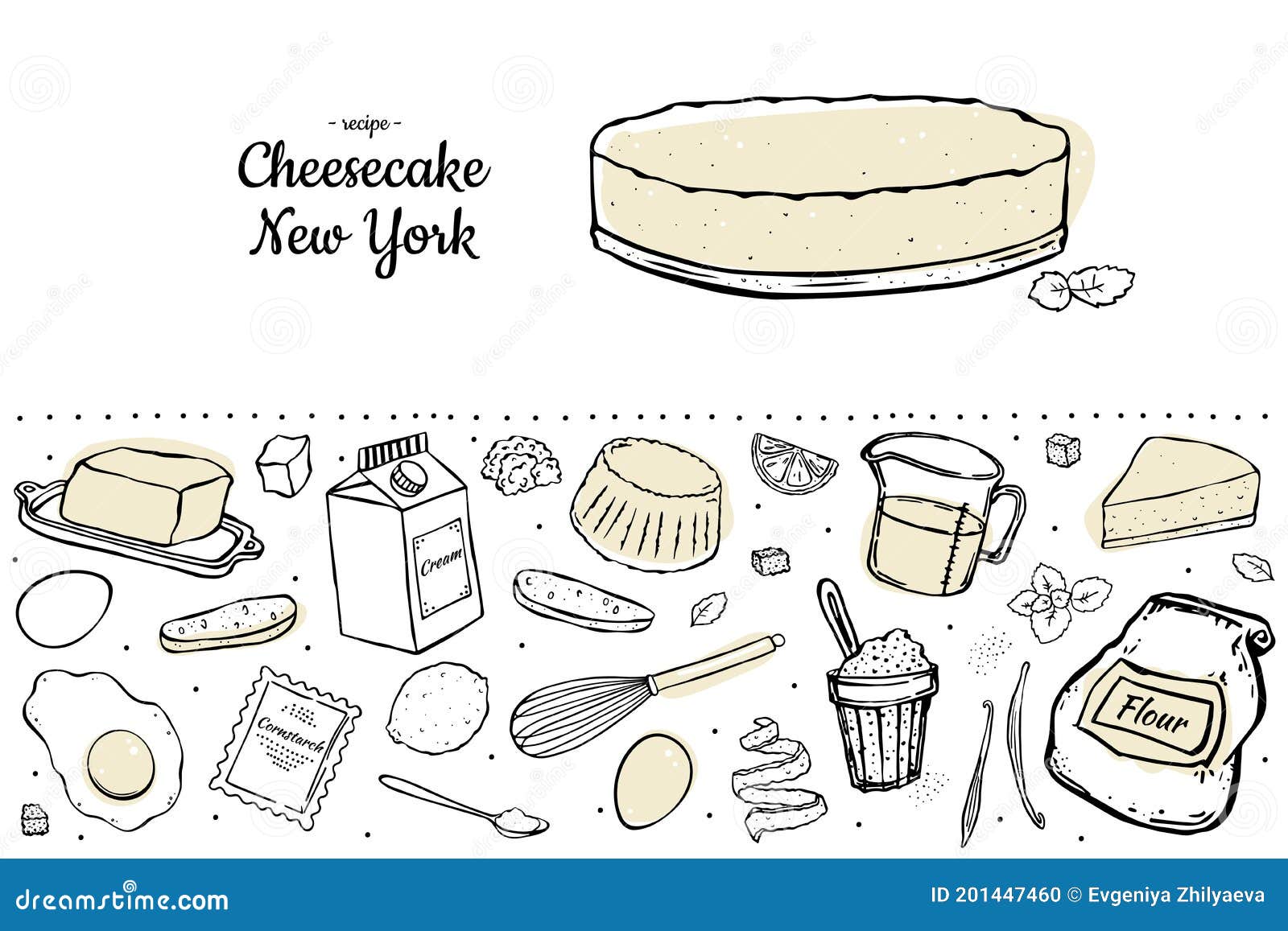 Two Colour Set Cheesecake and Ingredients for it Black Outline on White ...