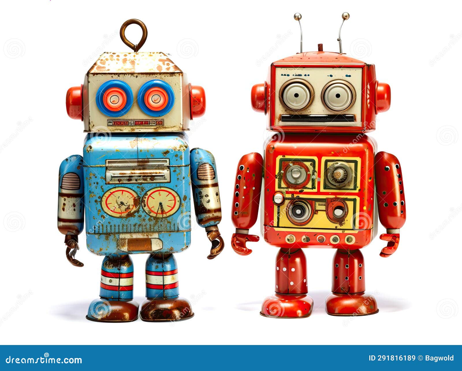 Two Colourful Surreal Retro Tin Robots on a White Background Stock ...