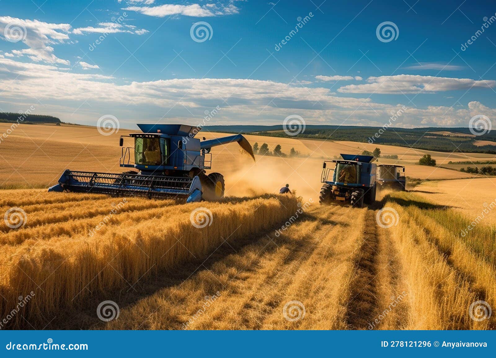 Two Combine Harvesters in a Wheat Field. Generative AI Image. Stock ...