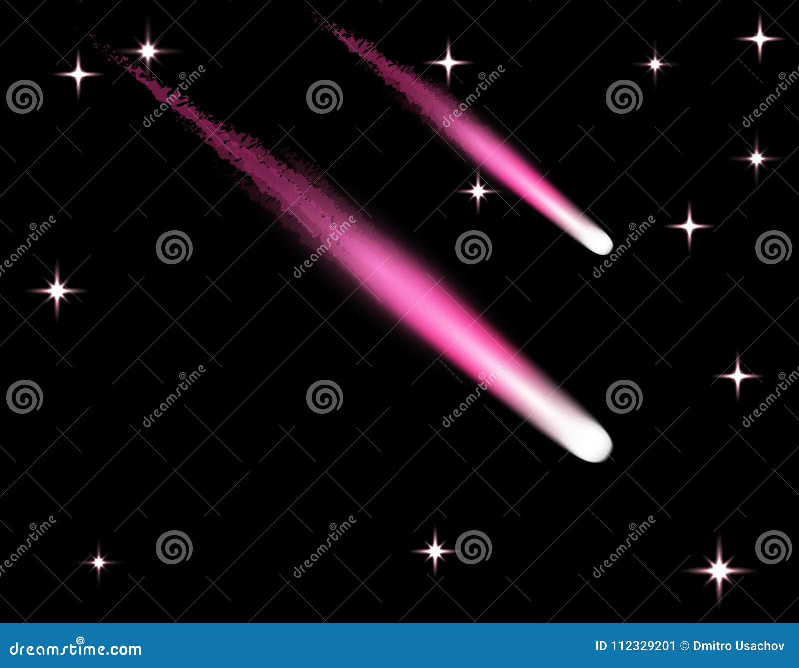 Two Comets of Violet, Meteor, Starry Sky. on a Black Background ...