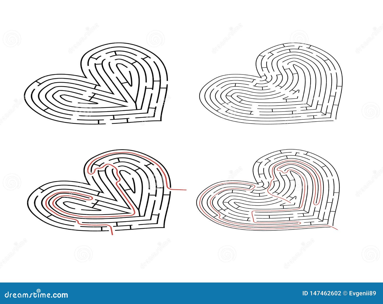 Two Complicated Mazes in Heart Shape, Labyrinths with Red Path ...
