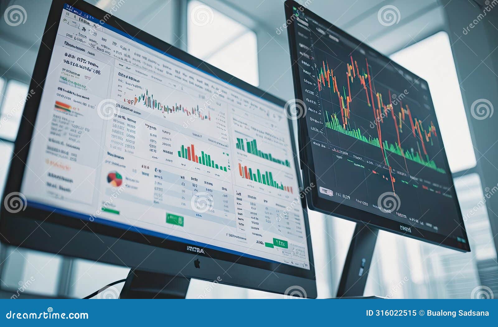 Two Computer Monitors are Shown Side by Side, with One Showing a Chart ...