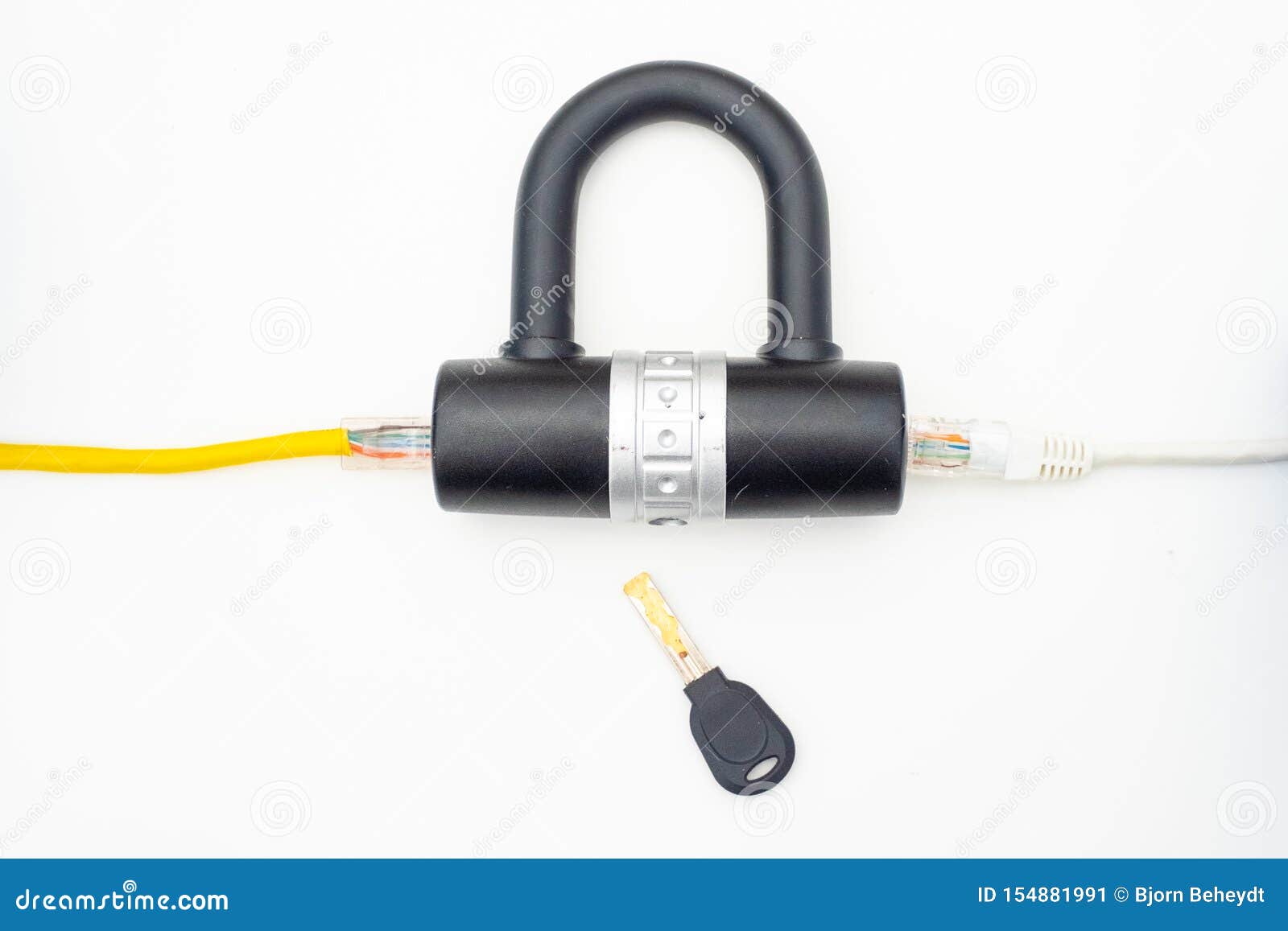 Two Computer Network Cables Going through a Lock with a Key Stock Image ...