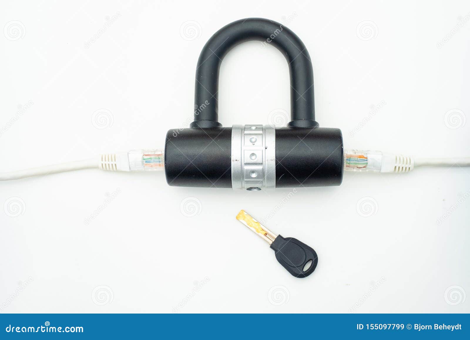 Two Computer Network Cables Going through a Lock with a Key Stock Image ...