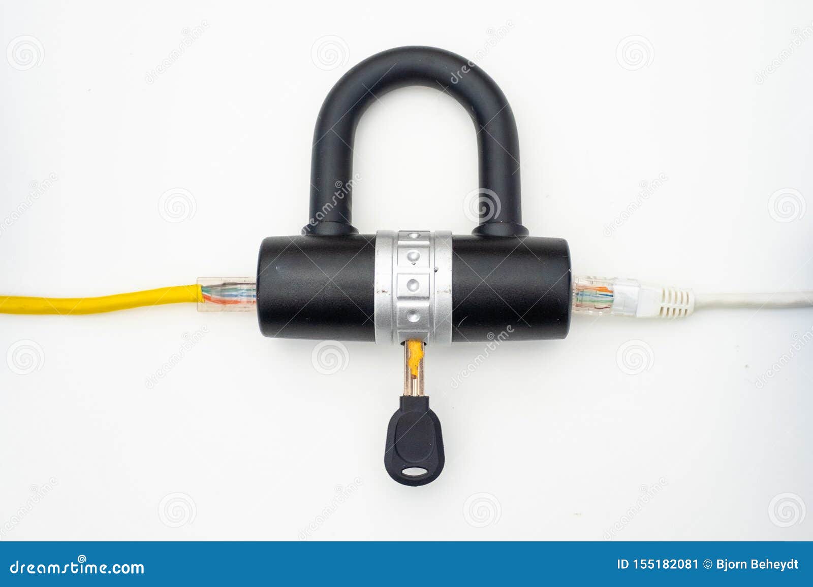 Two Computer Network Cables Going through a Lock with a Key Stock Image ...