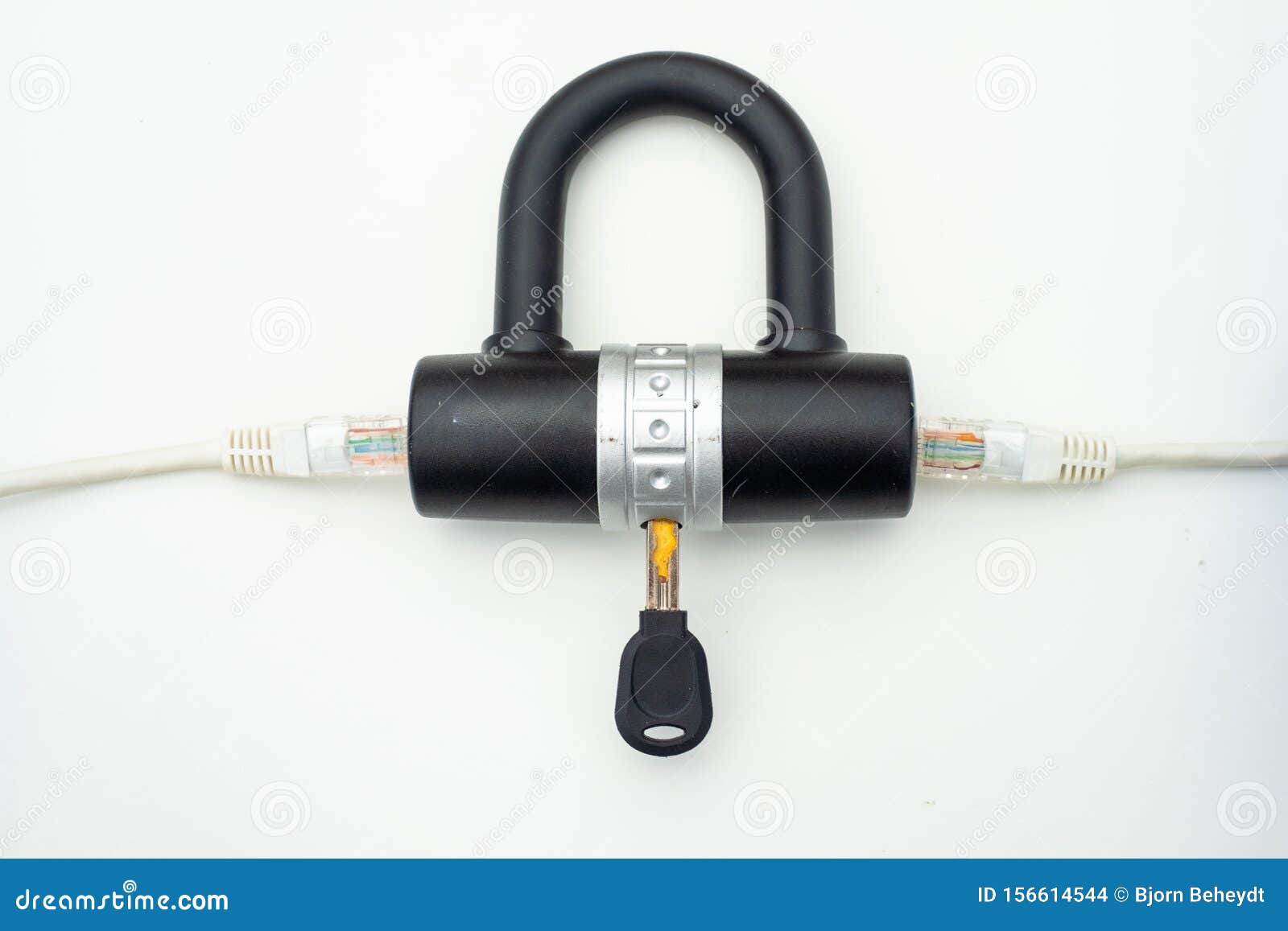 Two Computer Network Cables Going through a Lock with a Key Stock Photo ...