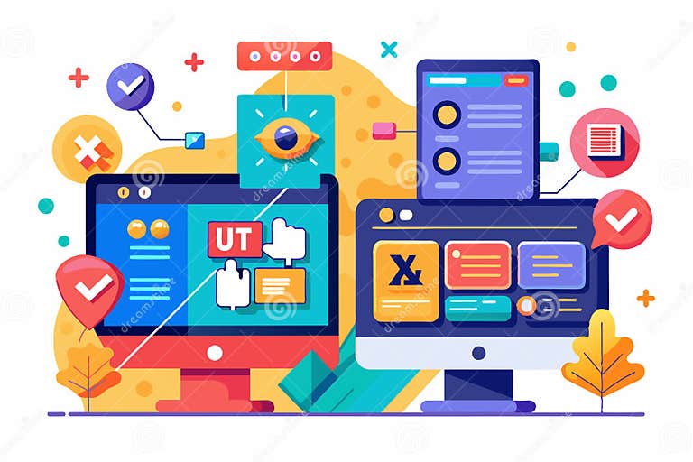 Two Computer Screens Showcase Distinct Ui Ux Design Elements With Colorful Customizable