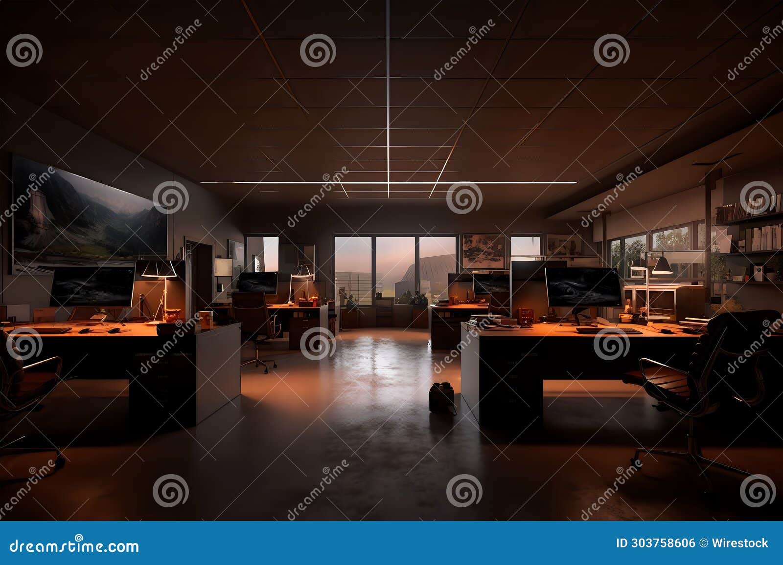 Two Computers on Desks with a View of City at Night Stock Illustration ...