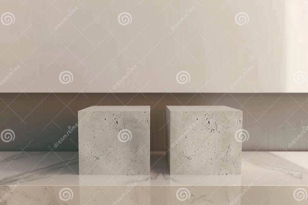 Two Concrete Cubes Sit on a Marble Surface in Front of a Plain White ...
