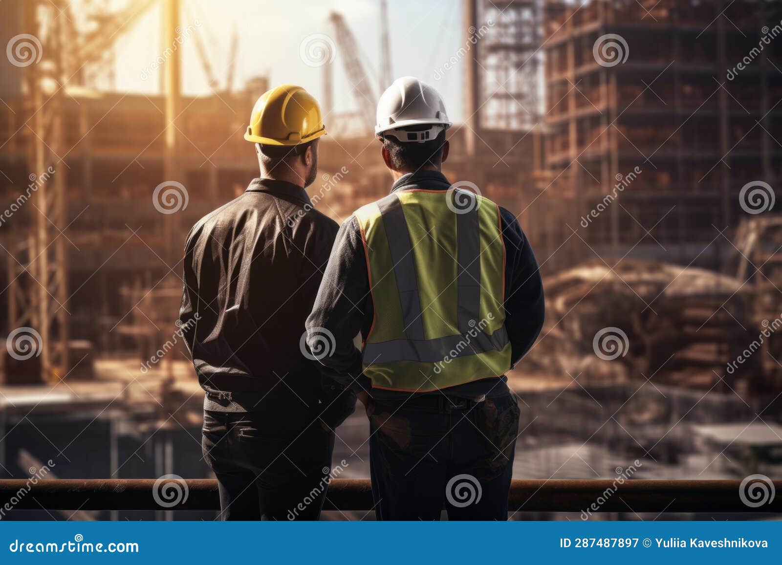 Two Construction Building Men Workers Confidently Inspect Discuss ...