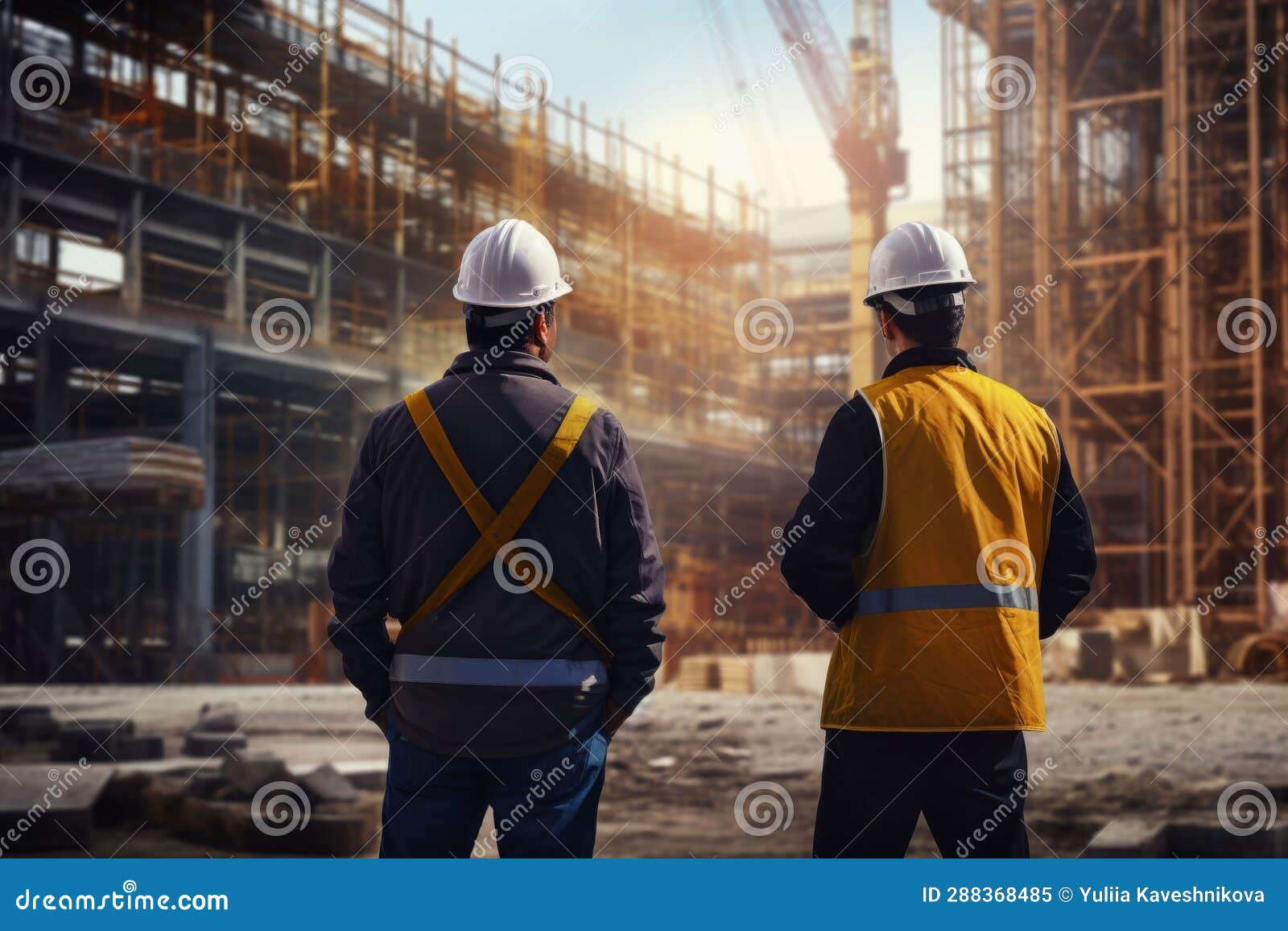 Two Construction Building Men Workers Confidently Inspect Discuss ...