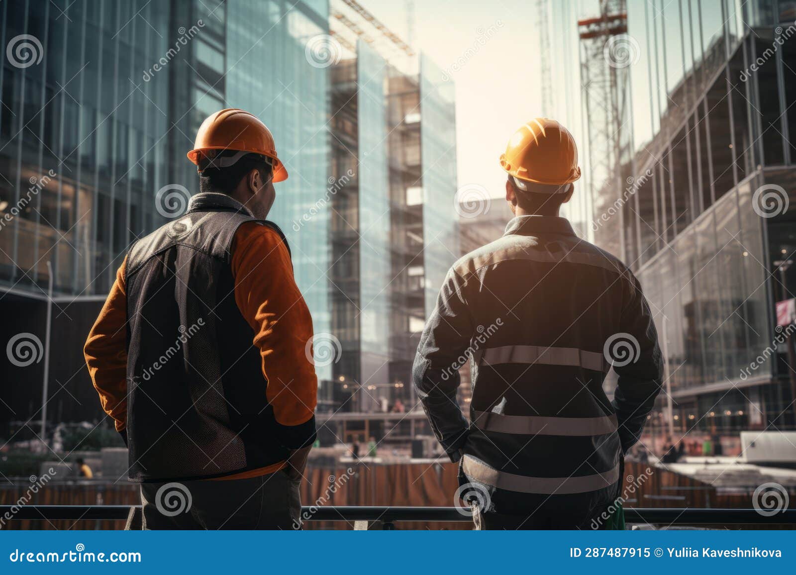 Two Construction Building Men Workers in Hardhats Builders Engineers ...