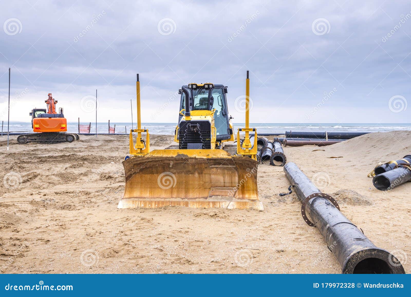 Two Construction Machines Excavators and Wheel Loaders with Sewer Pipe ...