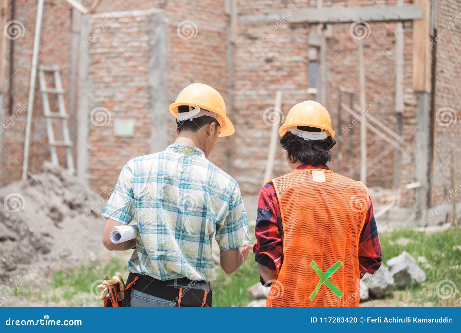Two Construction Worker Standing in Front of the Building Site Stock ...