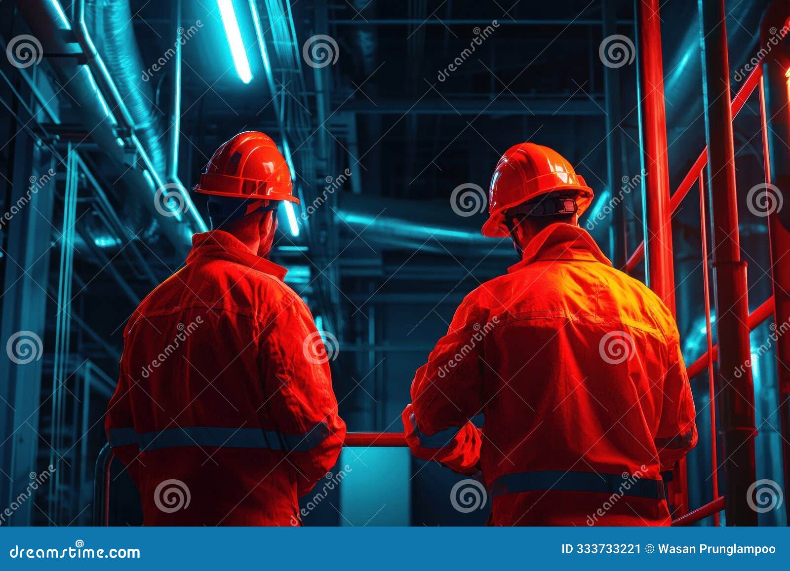 Two Construction Workers in Bright Orange Gear Explore a Modern ...