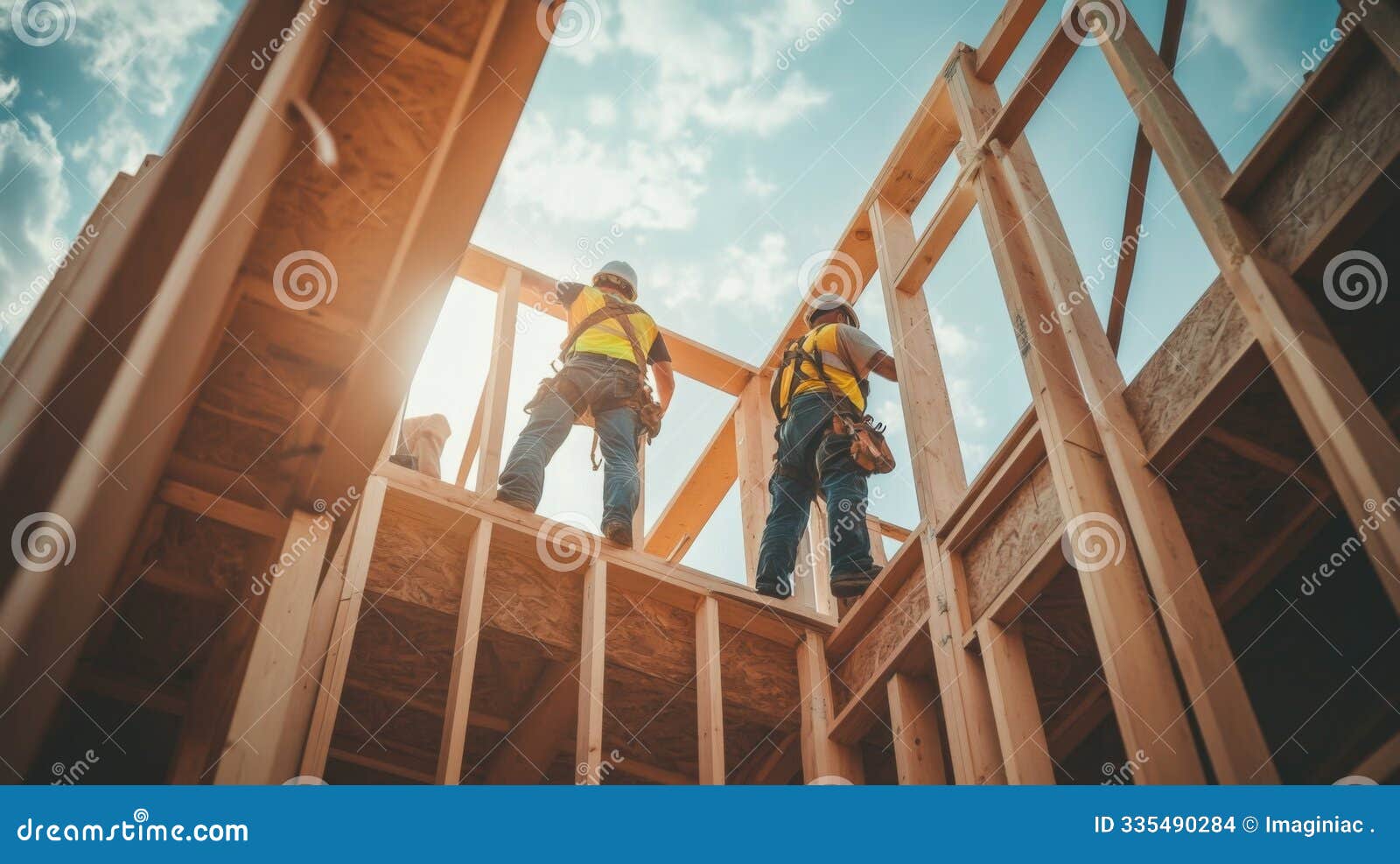 Two Construction Workers Building a Wooden House Frame Stock ...