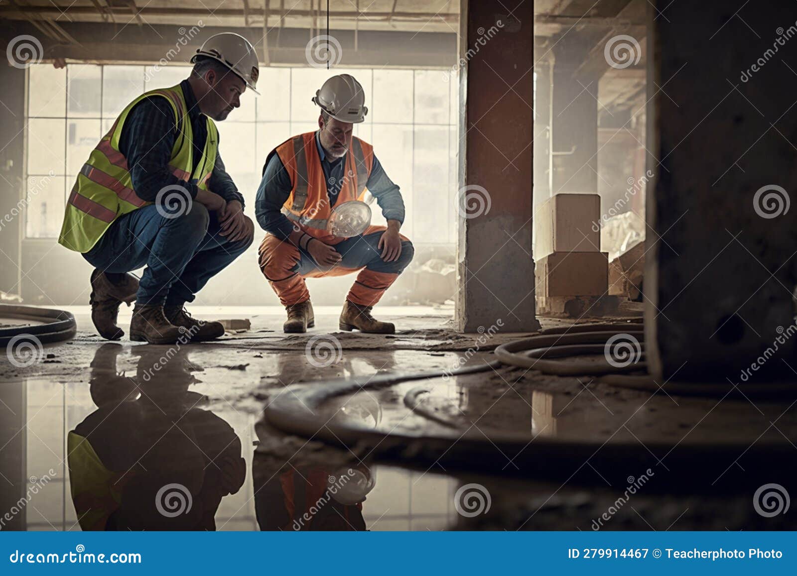 Two Construction Workers Checking Concealed Pipe Fittings Of Floor At A ...