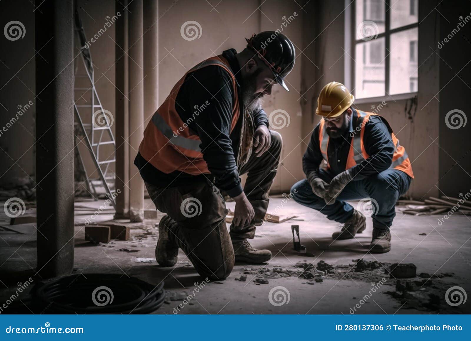 Two Construction Workers Checking Concealed Pipe Fittings of Floor at a ...
