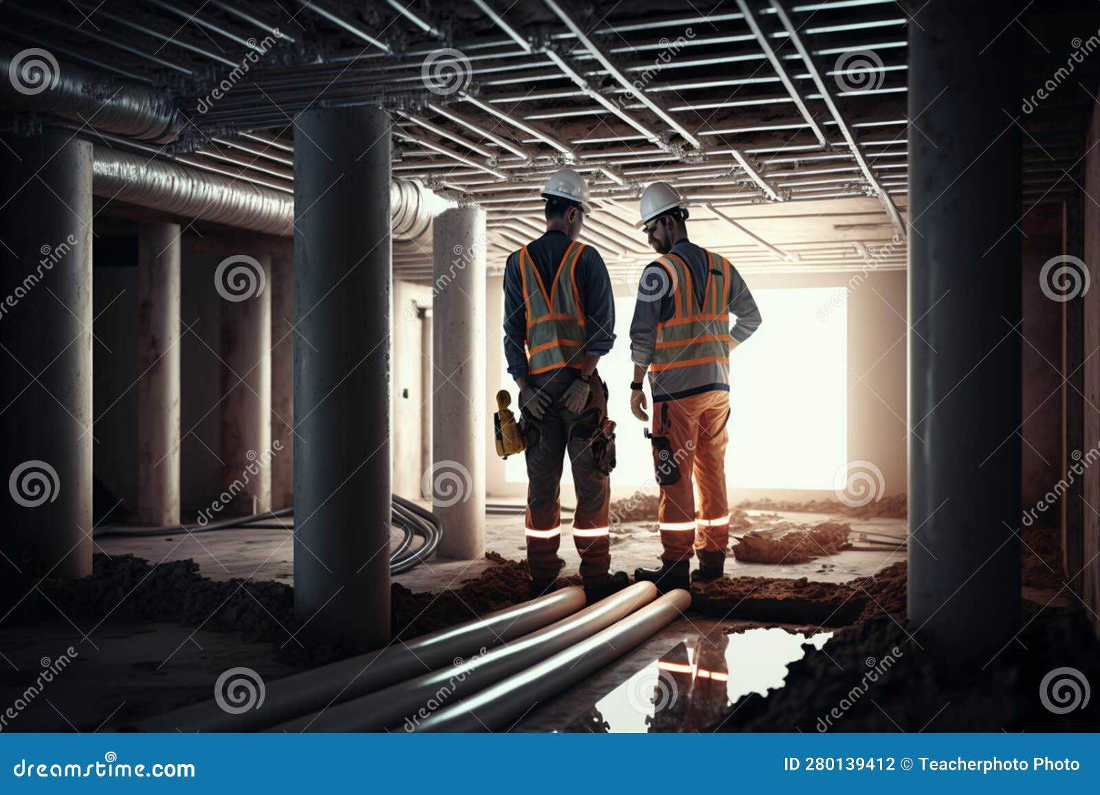 Two Construction Workers Checking Concealed Pipe Fittings of Floor at a ...