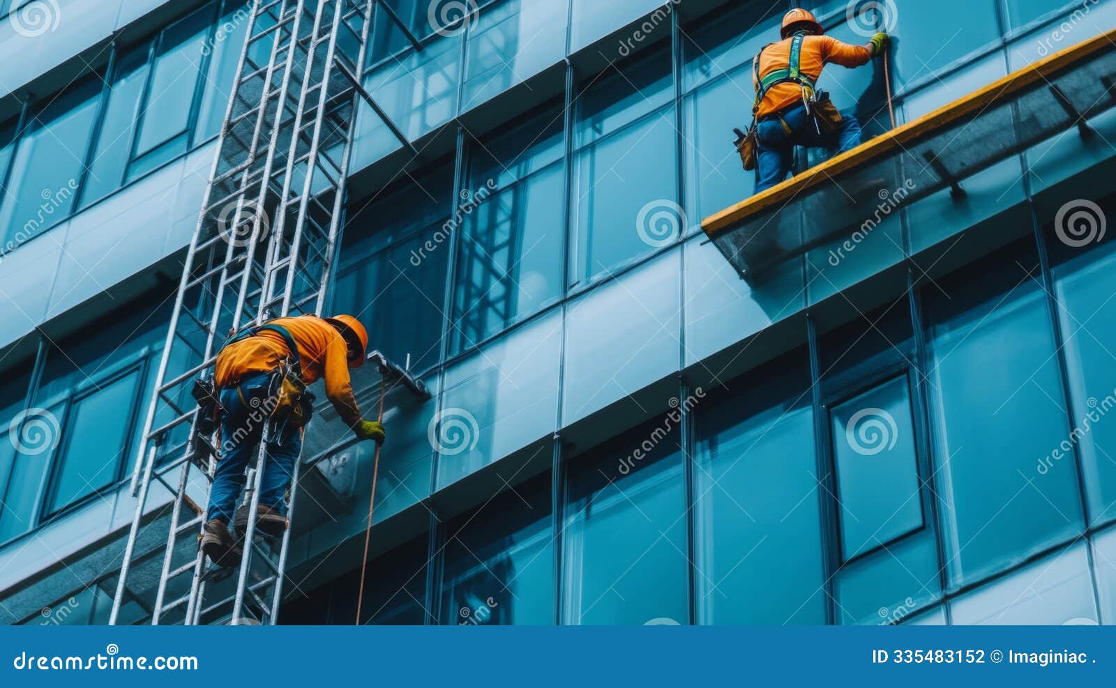 Two Construction Workers Cleaning Windows on a Tall Building Stock ...