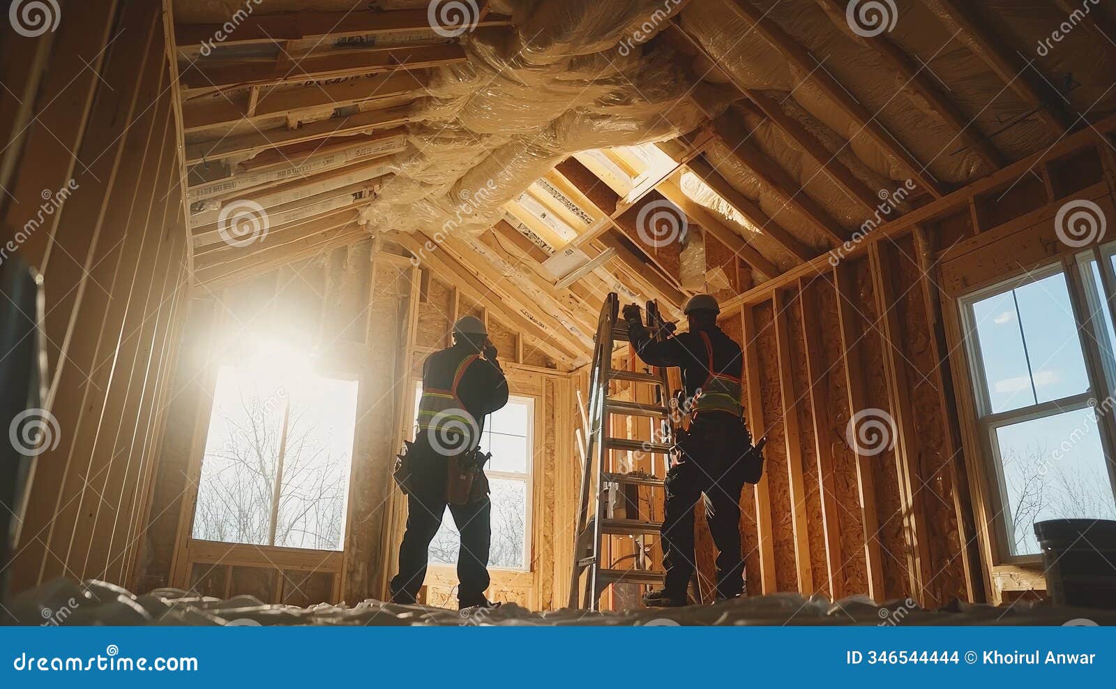 Two Construction Workers in the Framing Stage of a Home One Standing on ...