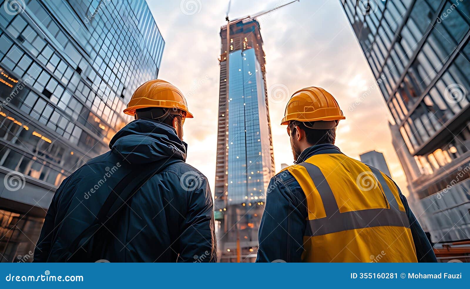 Two Construction Workers in Hard Hats Stand Facing a Tall Skyscraper ...