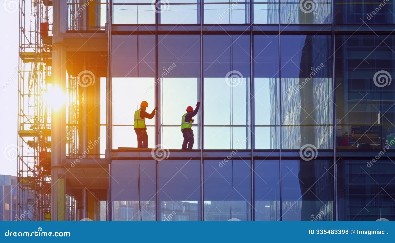Two Construction Workers on a High Rise Building with a View of the ...